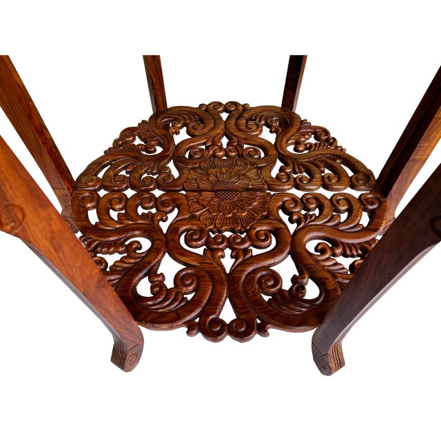Chinese Brown Flower Carving Wood 2 Half Side Round Pedestal Table ...