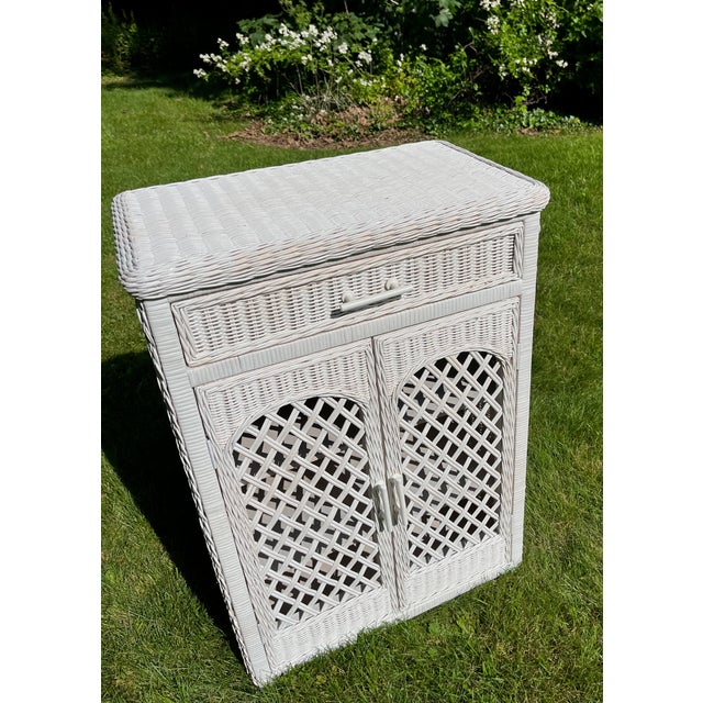 Boho Chic White Wicker Cabinet 2 Open Lattice Doors Drawer & 2 Shelves ...
