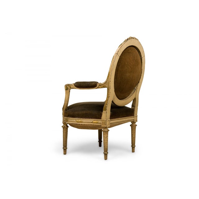 French Louis XVI Style Oval Back Carved Wood Green Velvet Upholstered ...