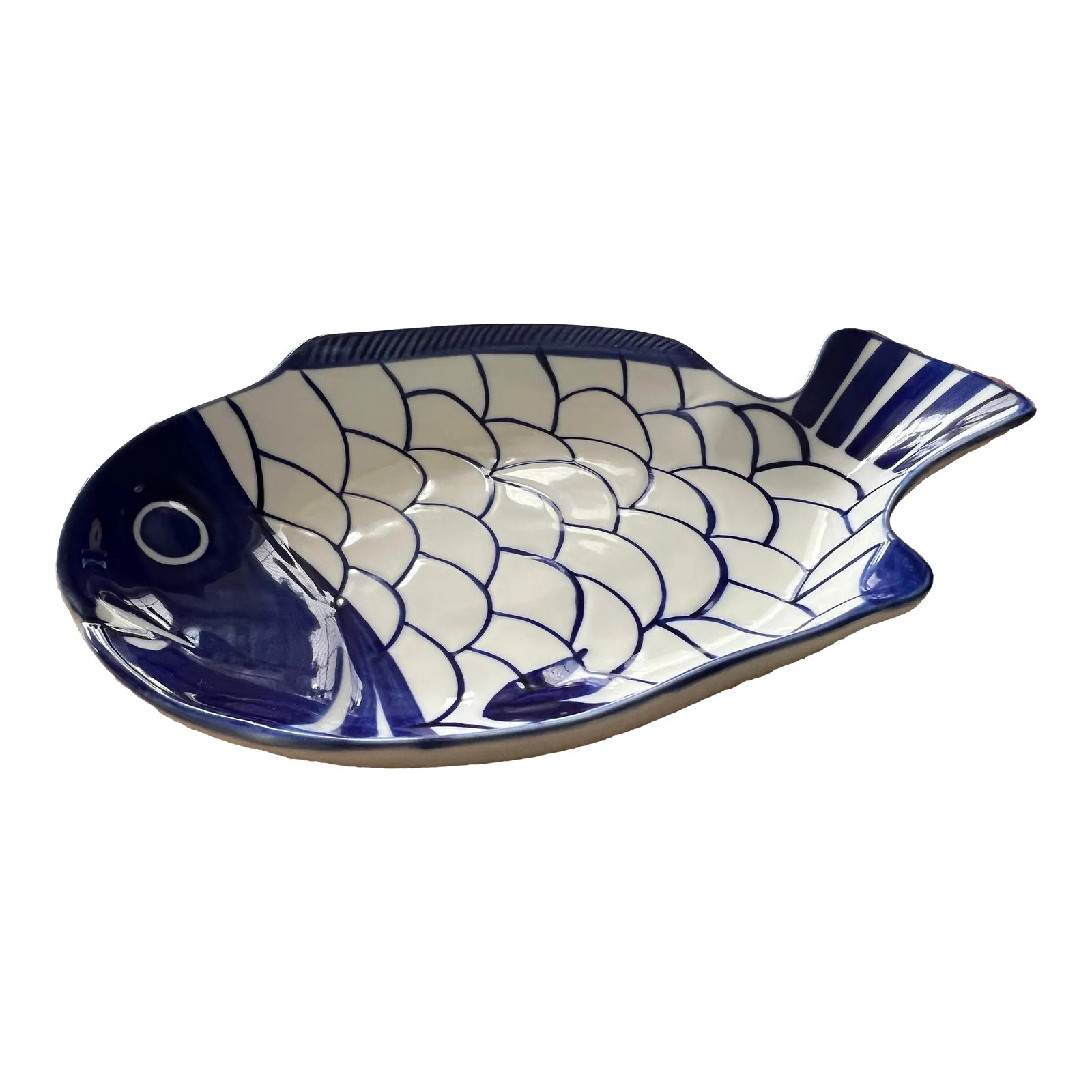Vintage Dansk Blue and White Hand Painted Ceramic Fish Platter | Chairish