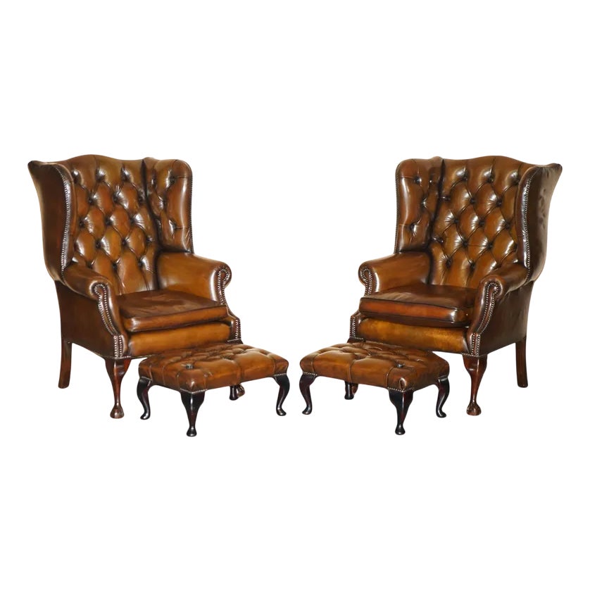 Chesterfield Chestnut Brown Leather Wingback Armchairs & Ottomans, Set ...