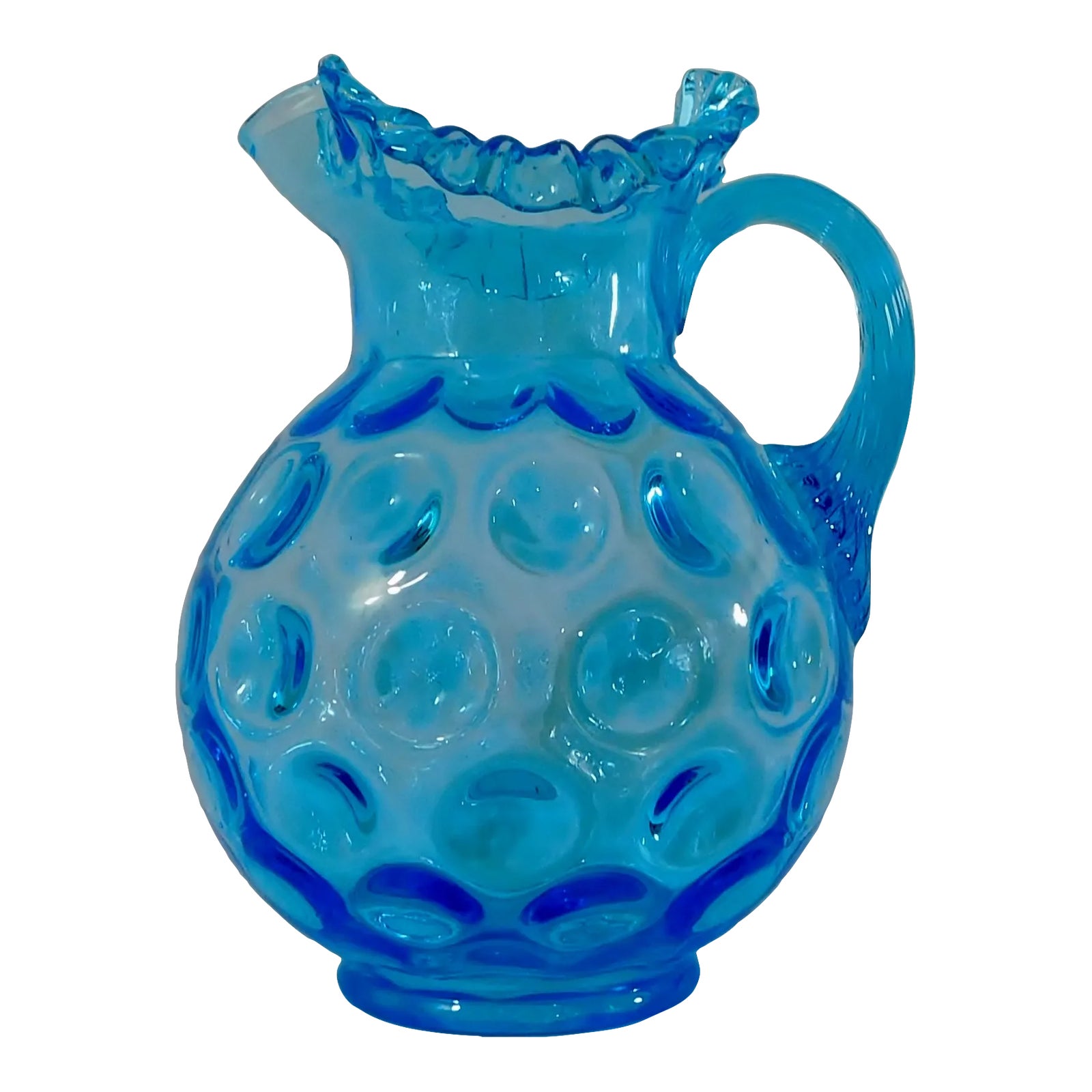 Large Vintage Fenton Blue Optic Coin Dot Pitcher Crimped Ruffled Edge ...