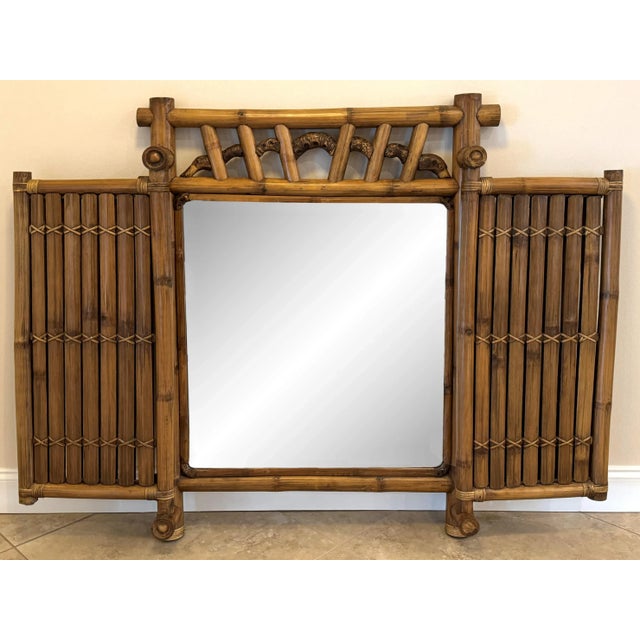 Vintage Boho Coastal Bamboo Mirror With Doors | Chairish