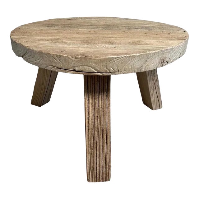 Elm Wood Round Tri Leg Side Table | Chairish