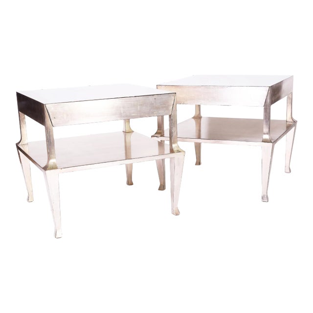 Pair of Mid Century Silver Leaf Two Tierd Stands or Tables | Chairish