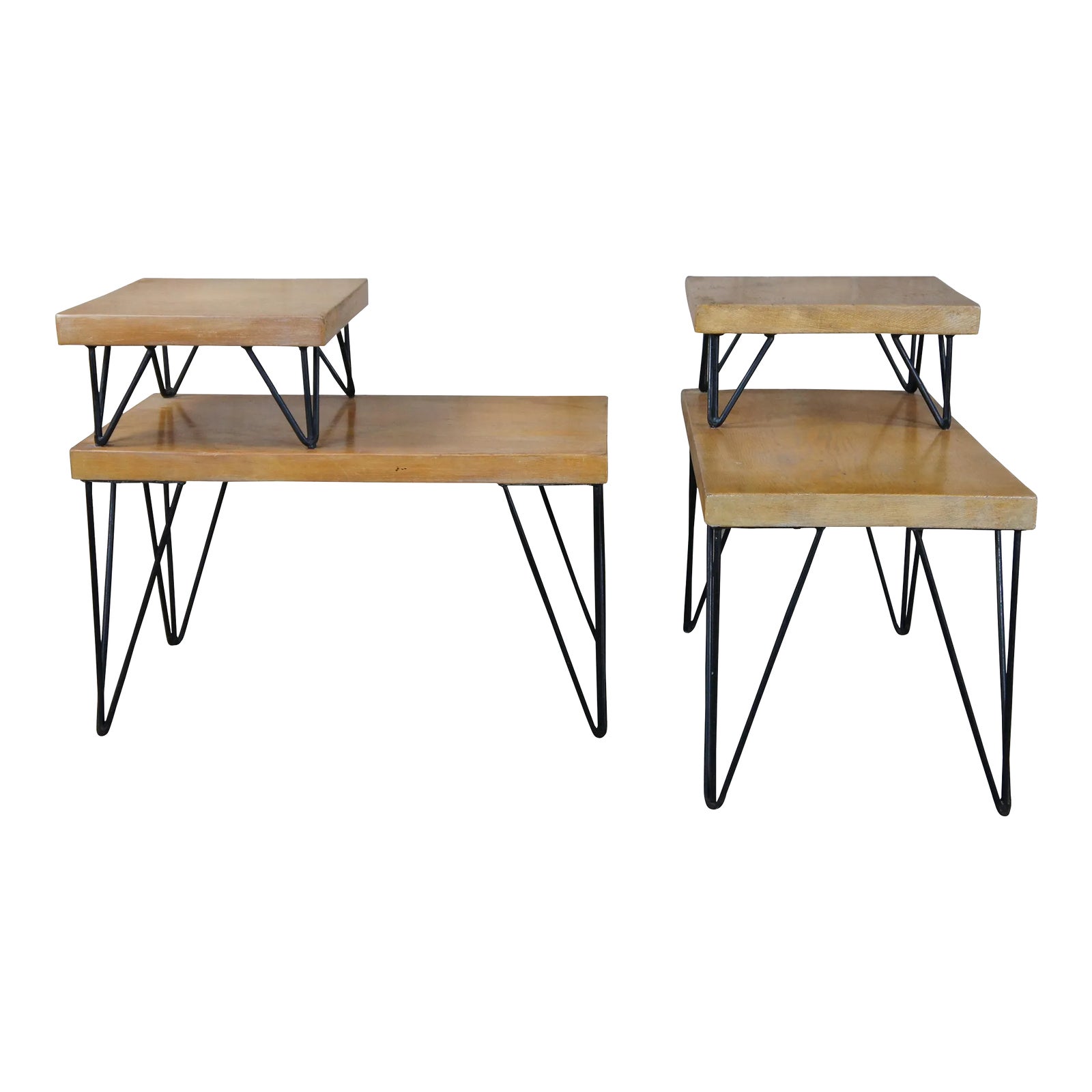 2 Mid Century Modern Tiered Hairpin Leg Pine Slab End Tables | Chairish