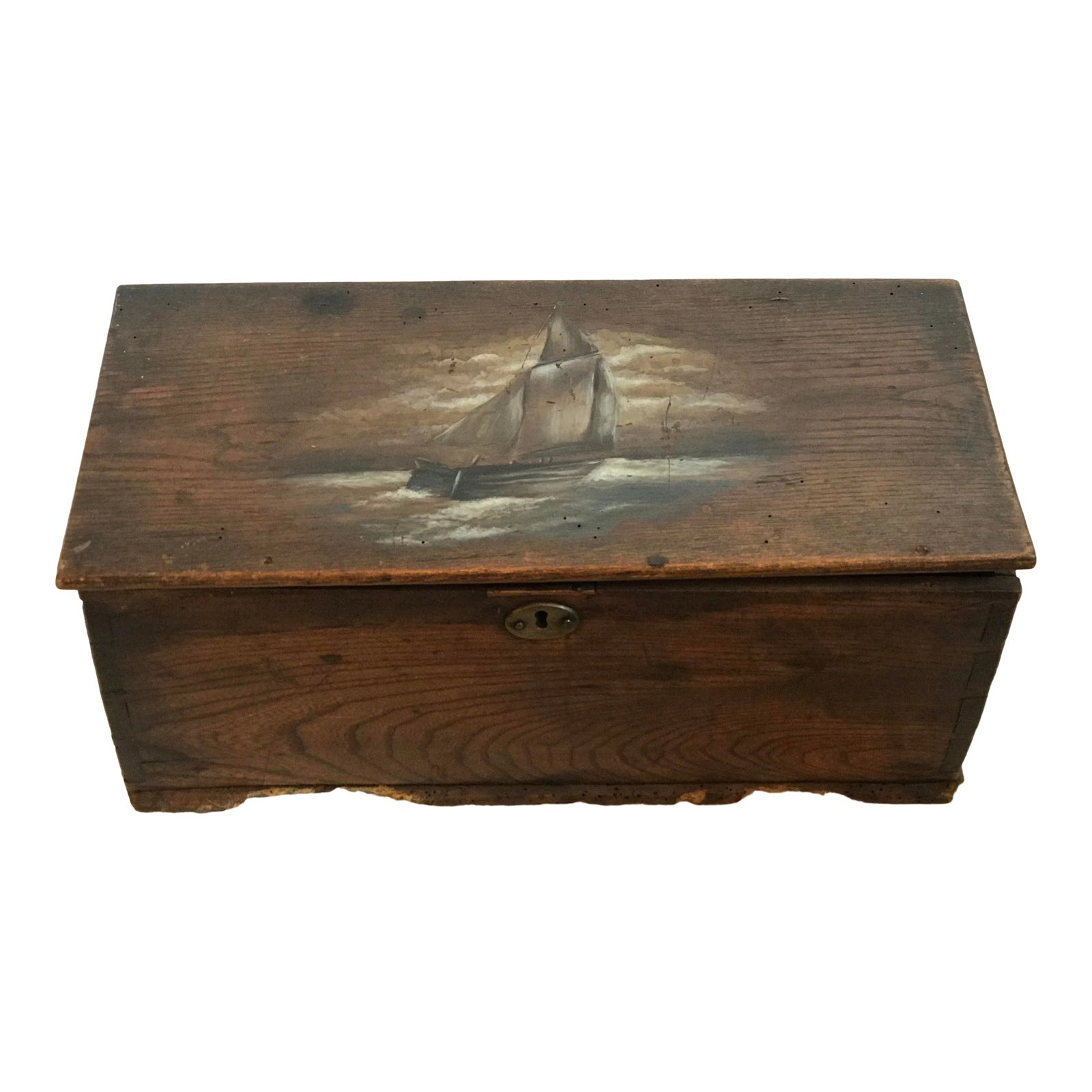 19th Century English Dovetail Box With Ship Painting and Secret Draw ...