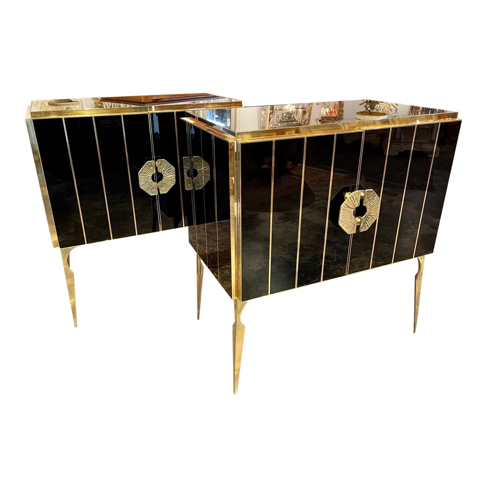 Murano Black Glass and Brass Side Tables - A Pair | Chairish
