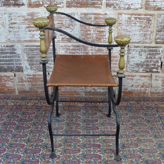 Campaign Style Wrought Iron and Leather Chair | Chairish
