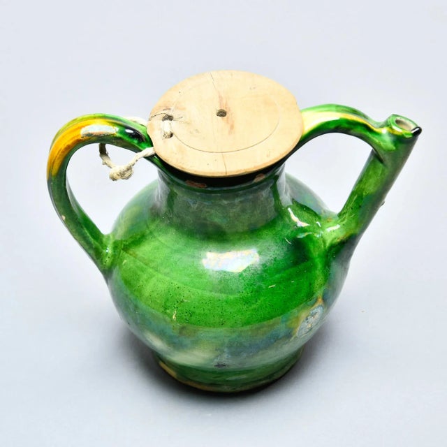 French Green Water Jug With Wooden Lid | Chairish