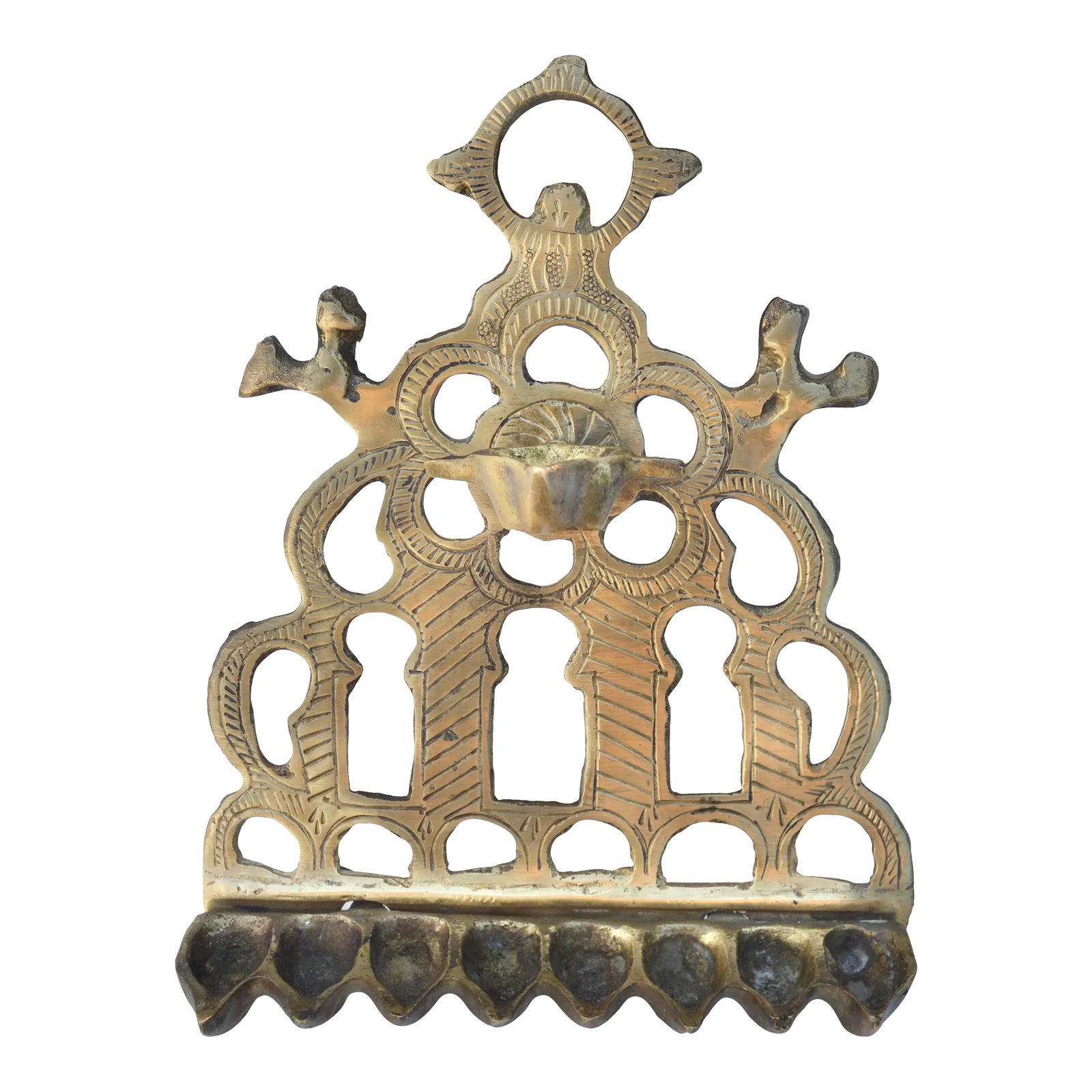 Antique Hand-Engraved Moroccan Judaical Brass Menorah | Chairish