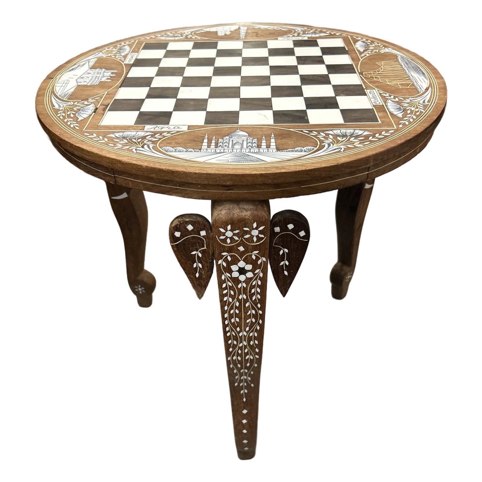 Wood and Inlay Elephant Leg Checkerboard Table | Chairish