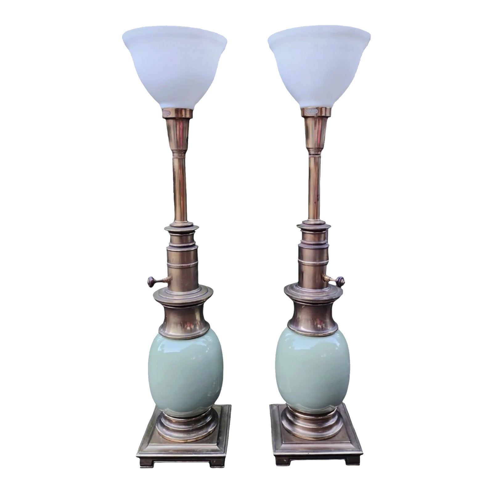 Vintage Stiffel Ostrich Egg Torchiere Table Lamps in Celadon Mint Green ...