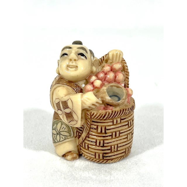 Chinese Netsuke - the Peach Seller and the Golden Ingot Bearer, a Pair ...
