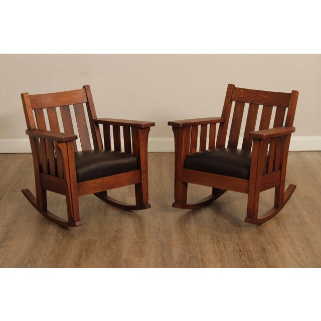 Antique Mission Oak & Leather Rockers Attributed to Harden - A Pair ...