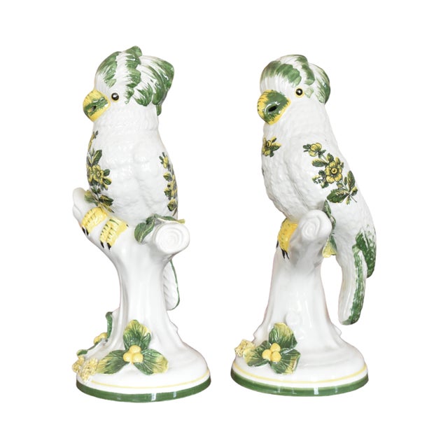 Pair of Italian Ceramic Cockatoo Bird Figurines | Chairish
