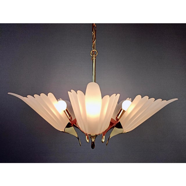 1980s F. Fabbian Five-Light Etched Glass Shades and Gilded Metal Frame ...