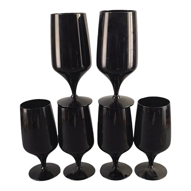 Vintage Mid-Century Modern Ebony Black Glass Water, Wine Glasses- Set ...