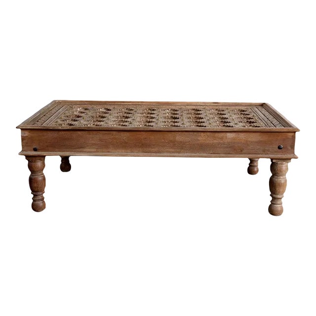Hand-Carved Antique Farmhouse Coffee Table With Brass Floral Accents ...
