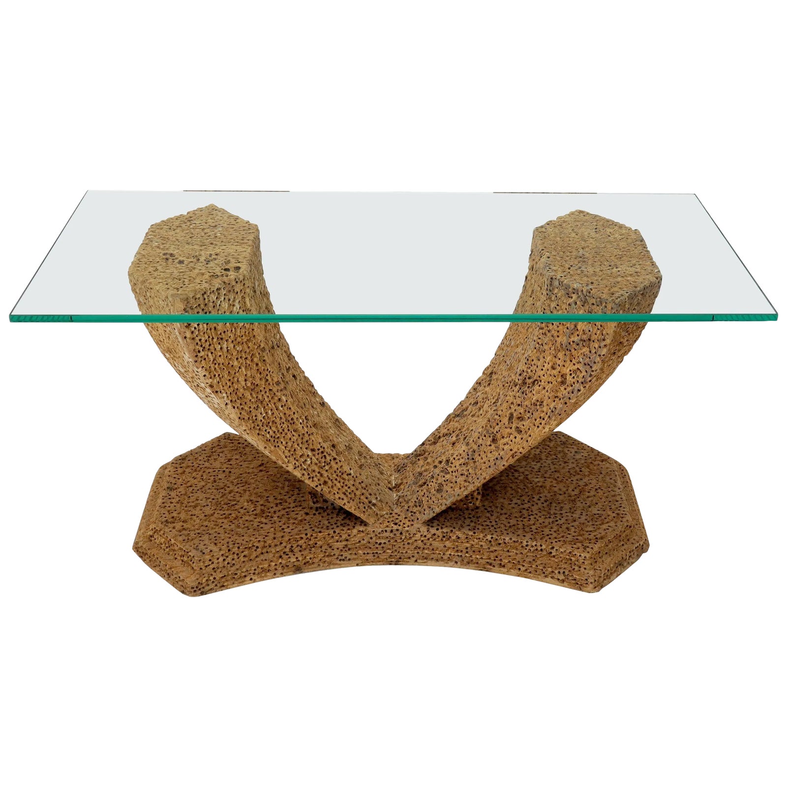 Distressed Wood V-Shape Base Large Console Sofa Table with Glass Top ...