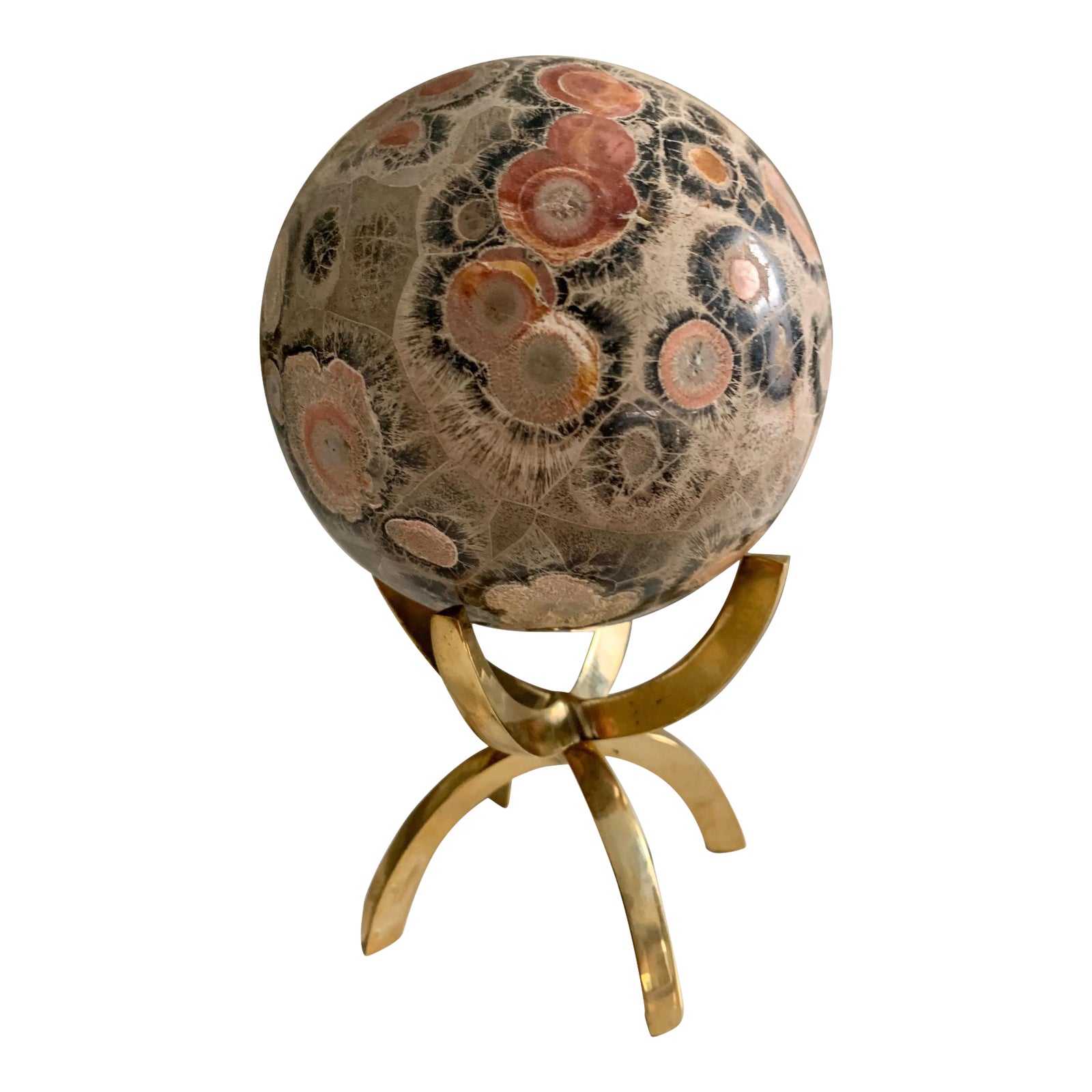 Safari Jasper Marble Stone Sphere on Brass Stand | Chairish