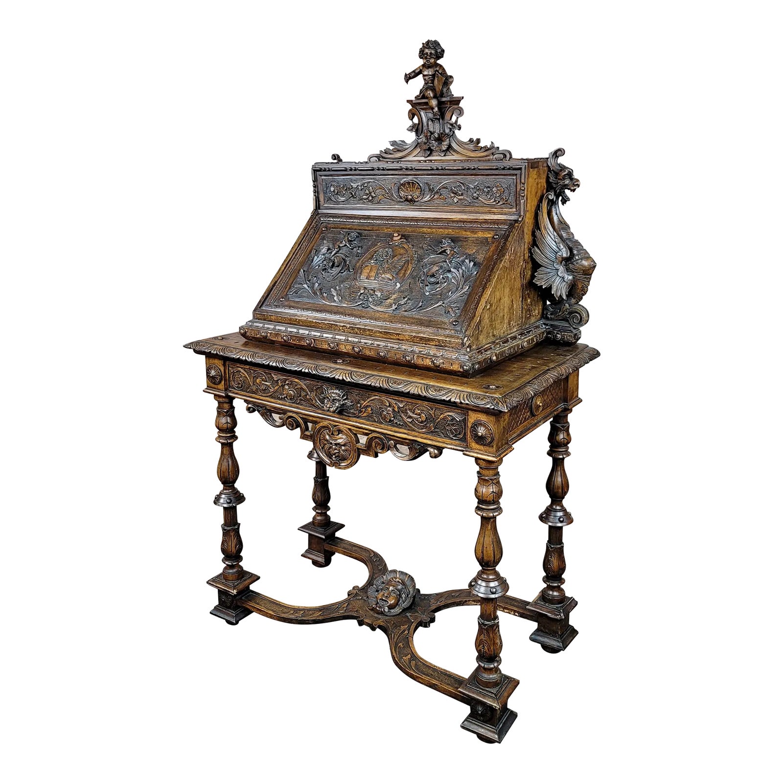 19th Century Highly Carved Italian Drop Leaf Desk W/ Griffin & Putti ...