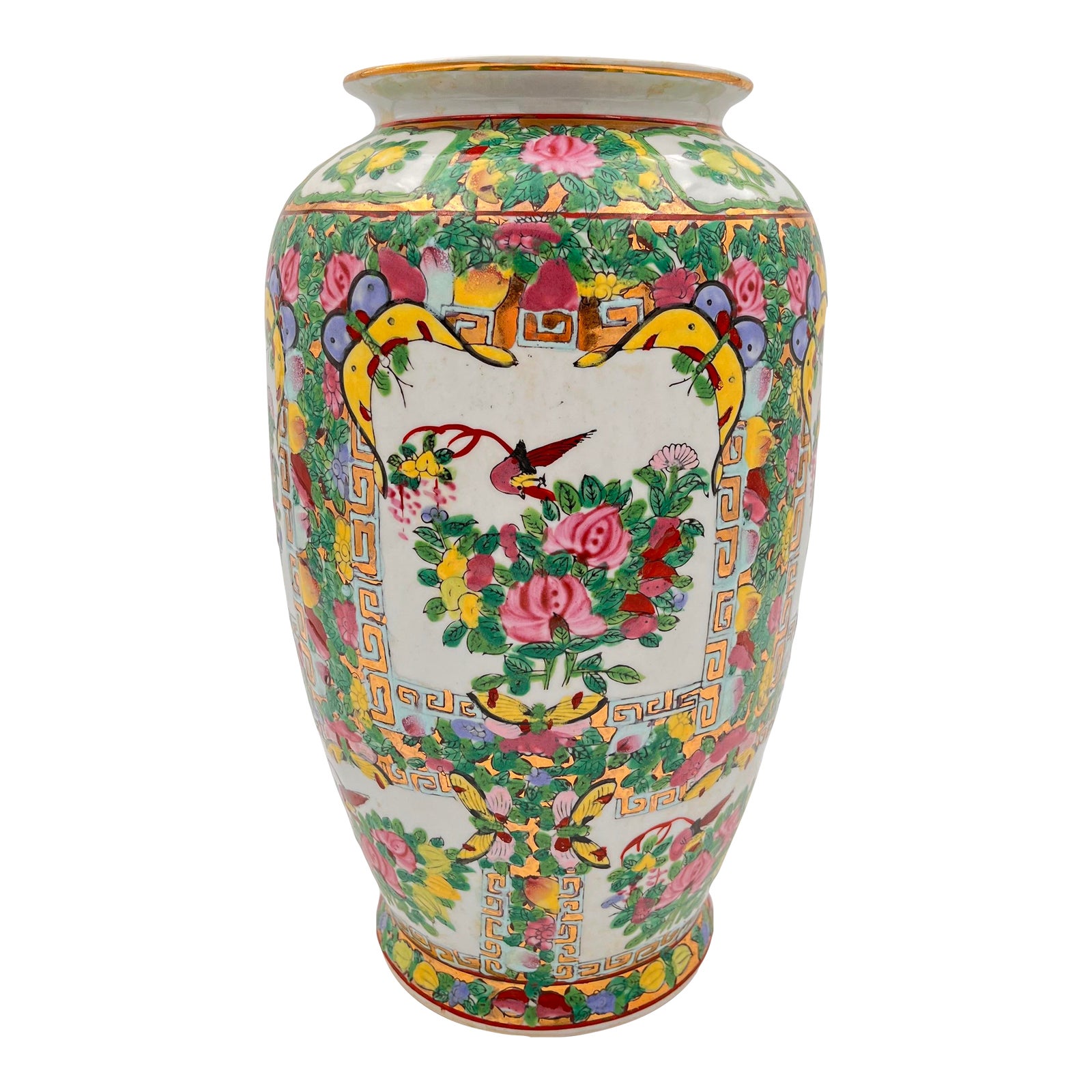 Mid Century Famille Rose Canton Greek Key Gilt Vase | Chairish