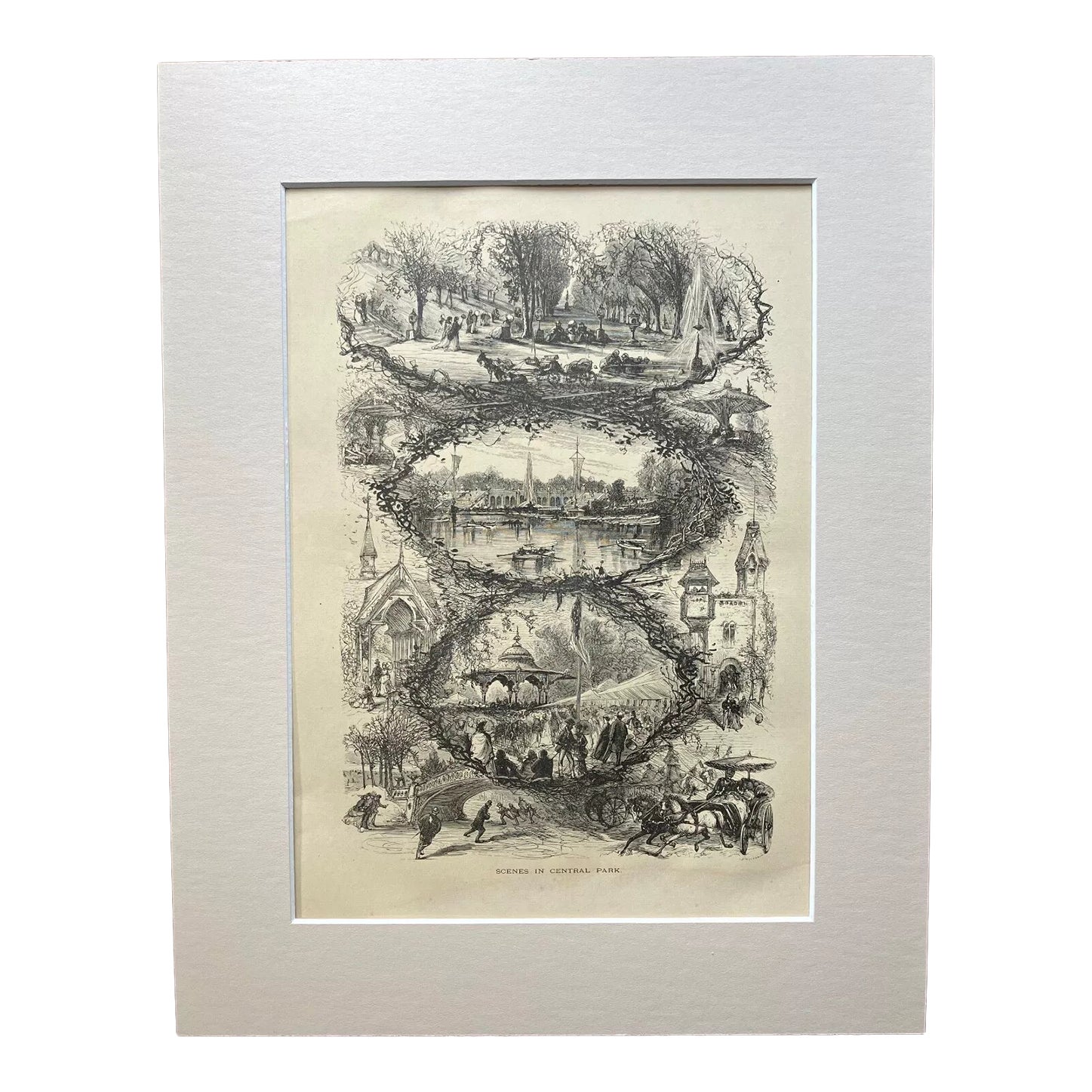 Antique 1874 Wood Engraving "Scenes in Central Park" New York City in ...