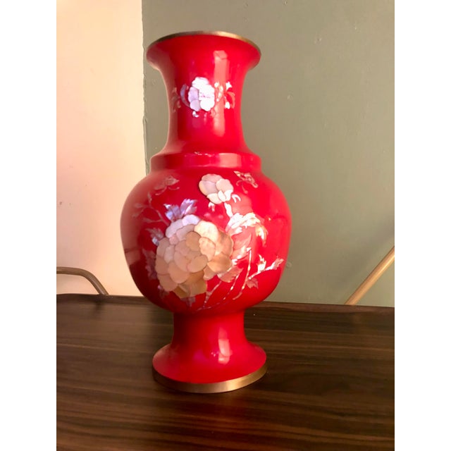 1970s Red Lacquer Enamel With Mother of Pearl Inlay Flower Design ...