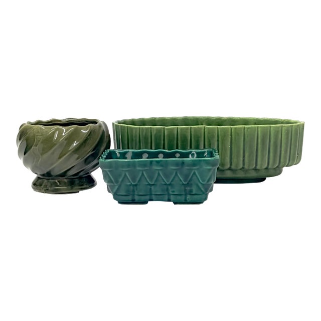Mid Century Mixed Greens Textured Planters Curation - Group of 3 | Chairish