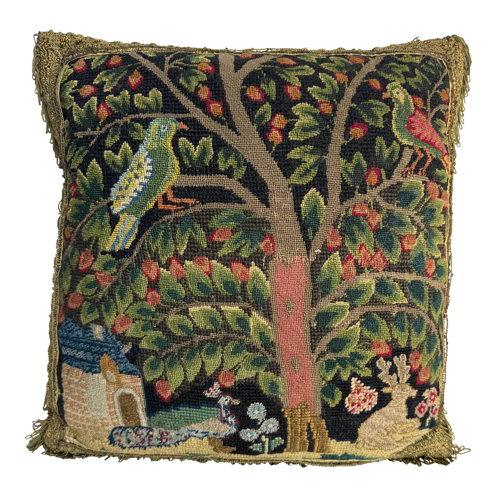 17th Century English Needlepoint Orchard Pillow With Birds and Animals ...