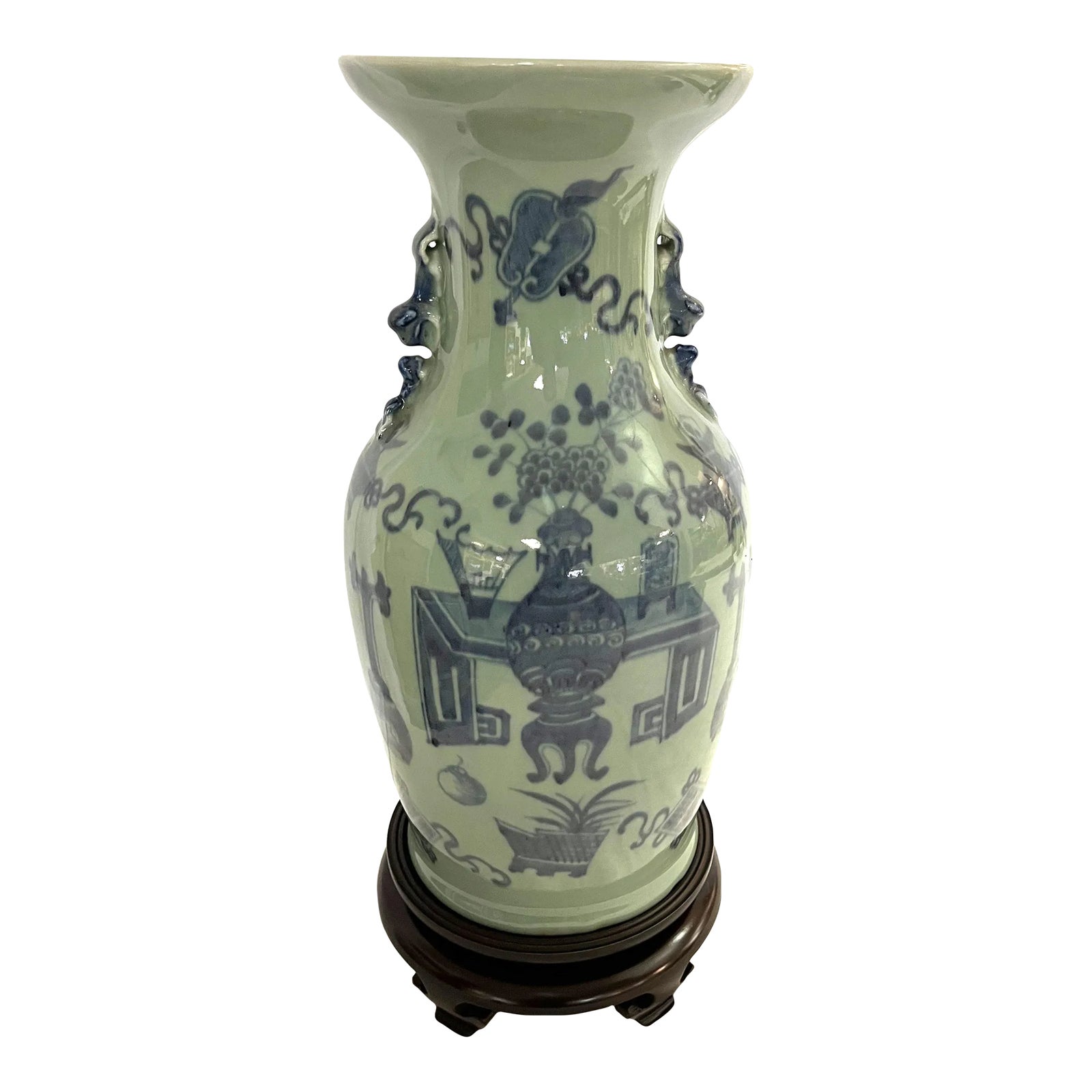 Vintage Asian Hand Painted Celedon and Blue Ceramic Vase | Chairish