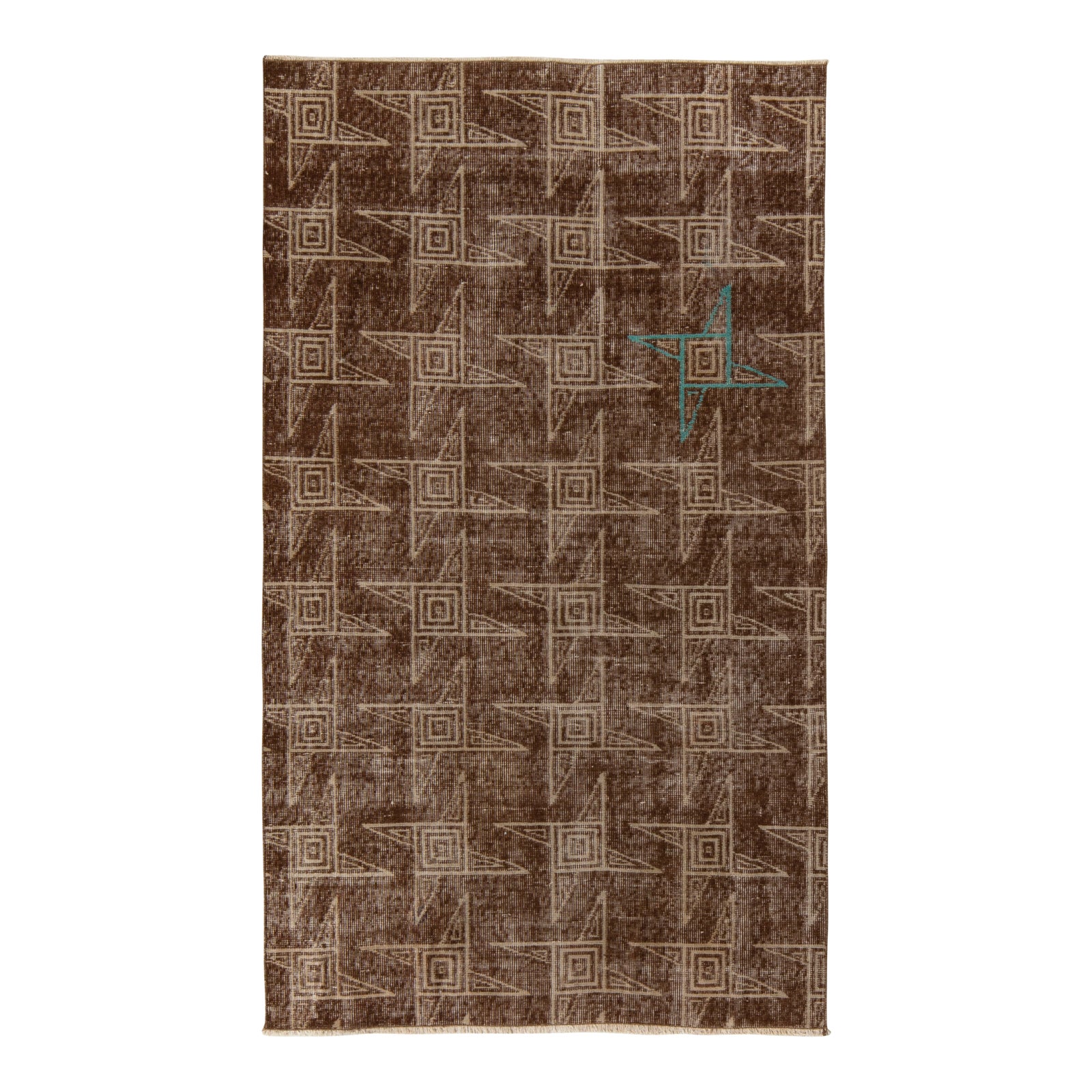 1960s Vintage Art Deco Distressed Rug, Brown, Beige Geometric Pattern ...