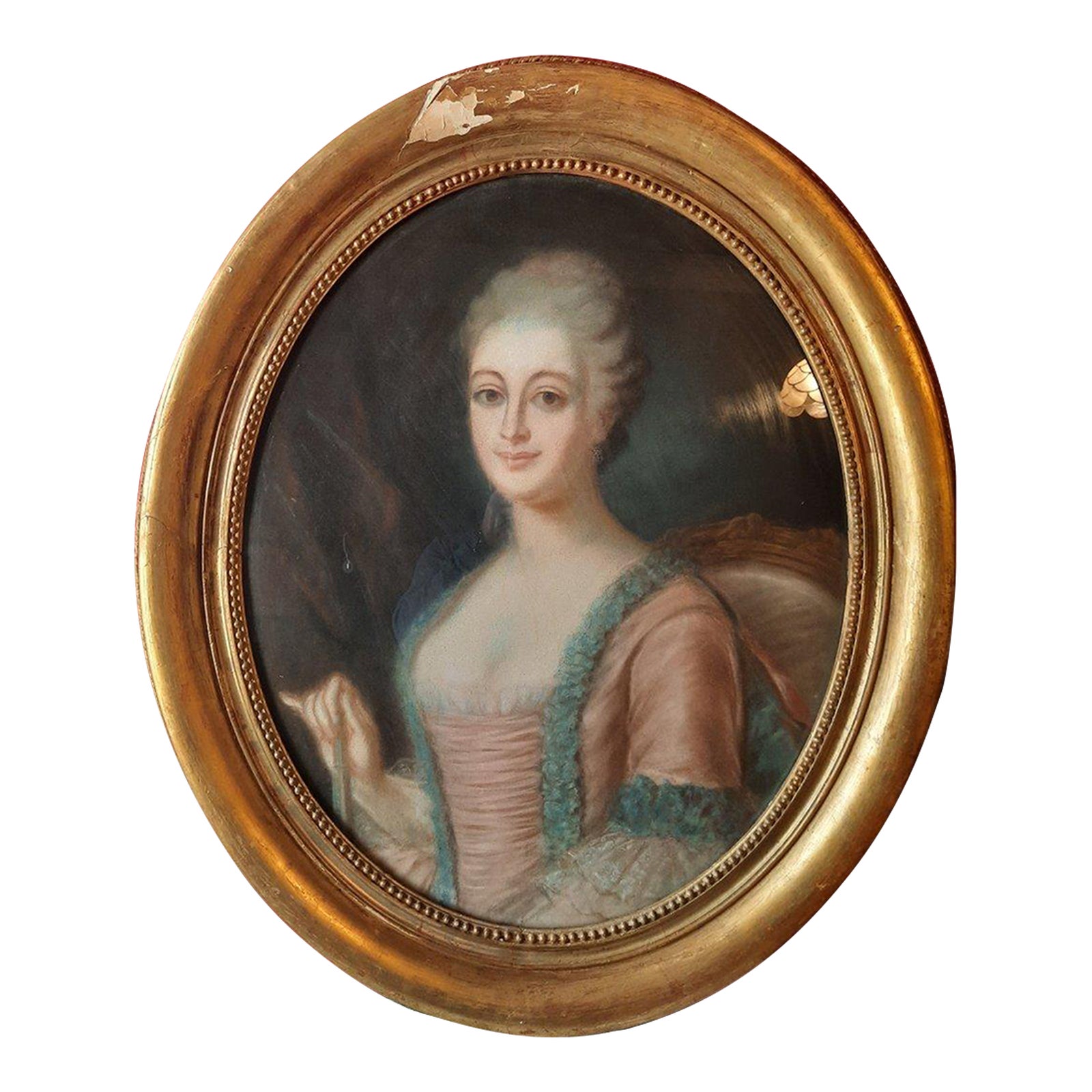 Late 19th Century French Pastel Portrait of Young Girl in Oval Gilt Frame | Chairish