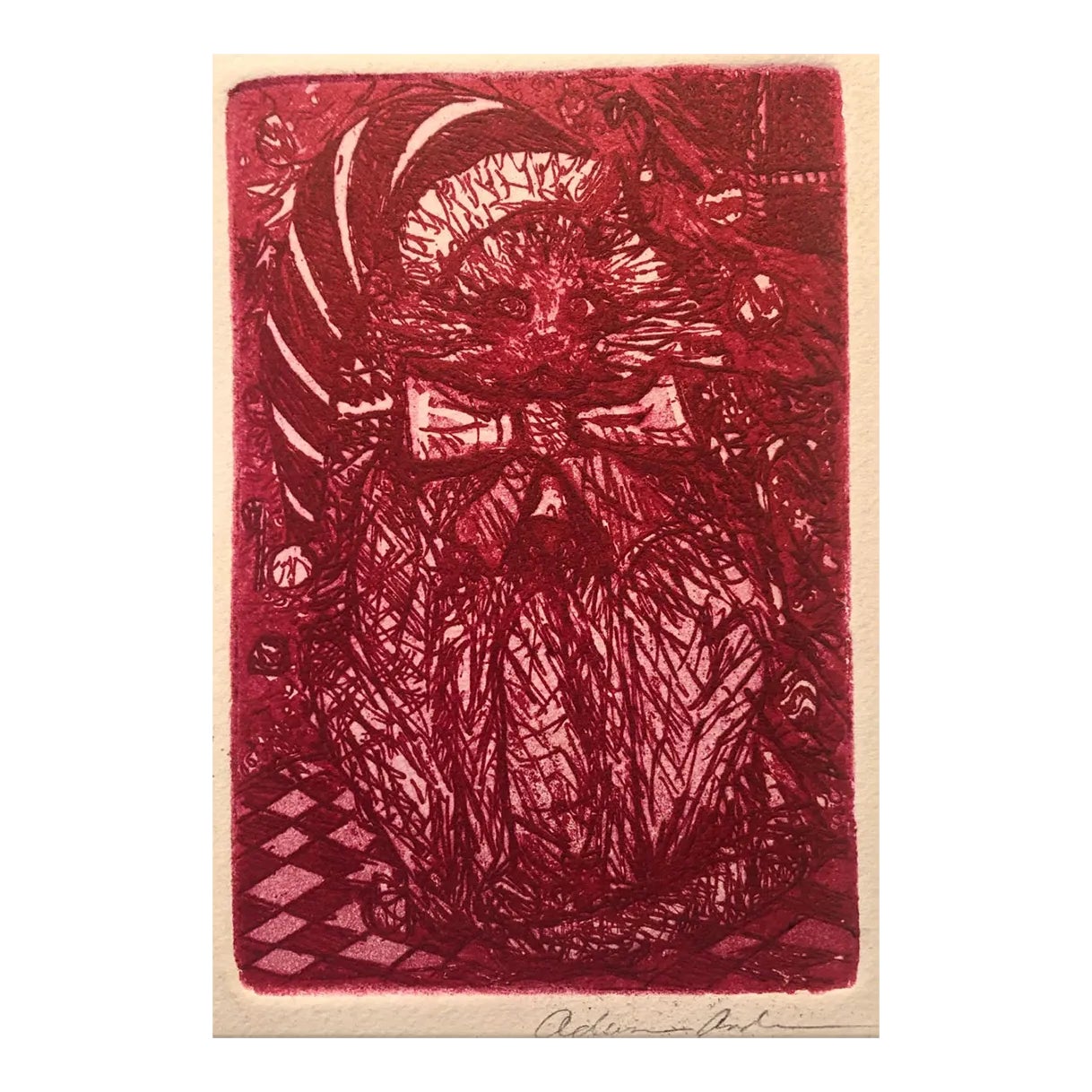 1983 Christmas Cat Color Etching by Adrienne Anderson | Chairish