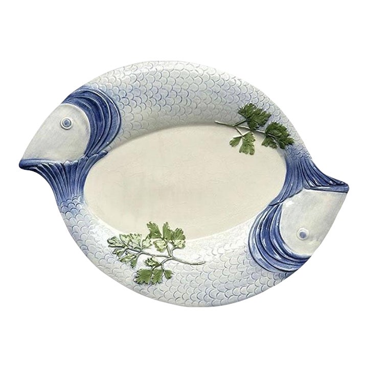 Large Vintage Oval Mediterranean Ceramic Fish Serving Platter in Blue ...