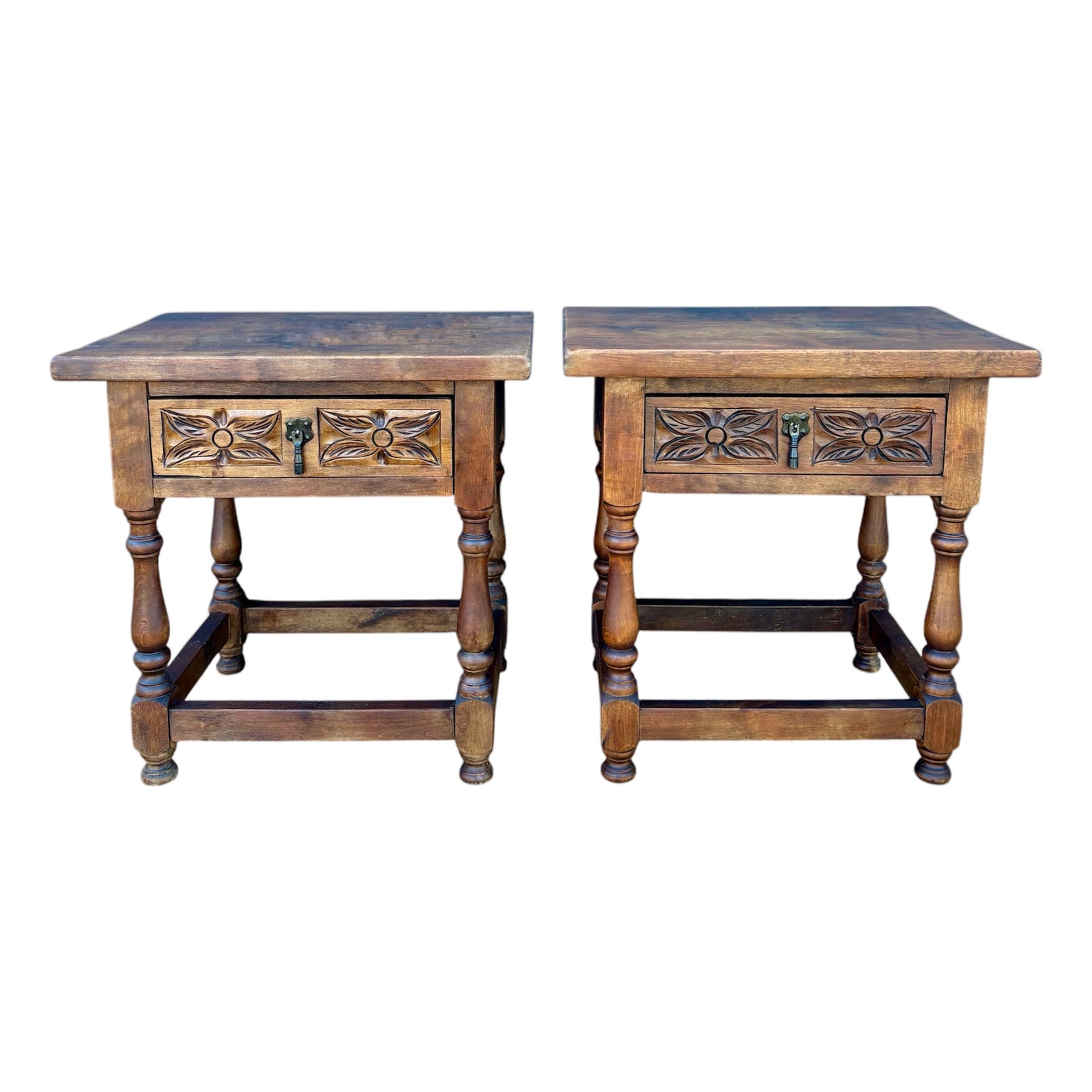Spanish Rustic Oak Bedside Tables with Carved Drawers, 1950s, Set of 2 ...