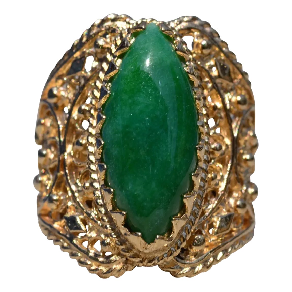 The Oildale: Vintage Yellow Gold Navette Jade Ring | Chairish
