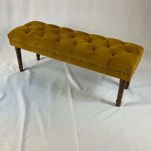Vintage Traditional Tufted Velvet Bench in Mustard With Nailhead ...