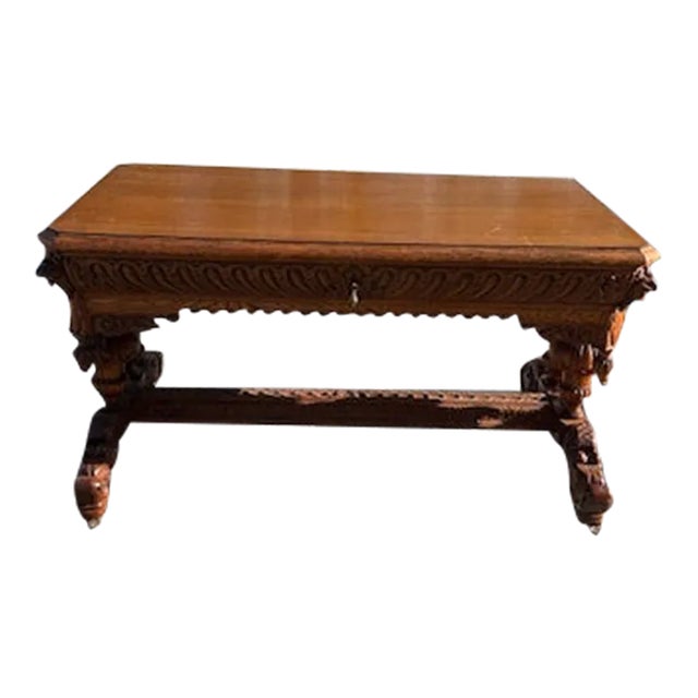 19th Century French Carved Oak Dolphin Library Table | Chairish