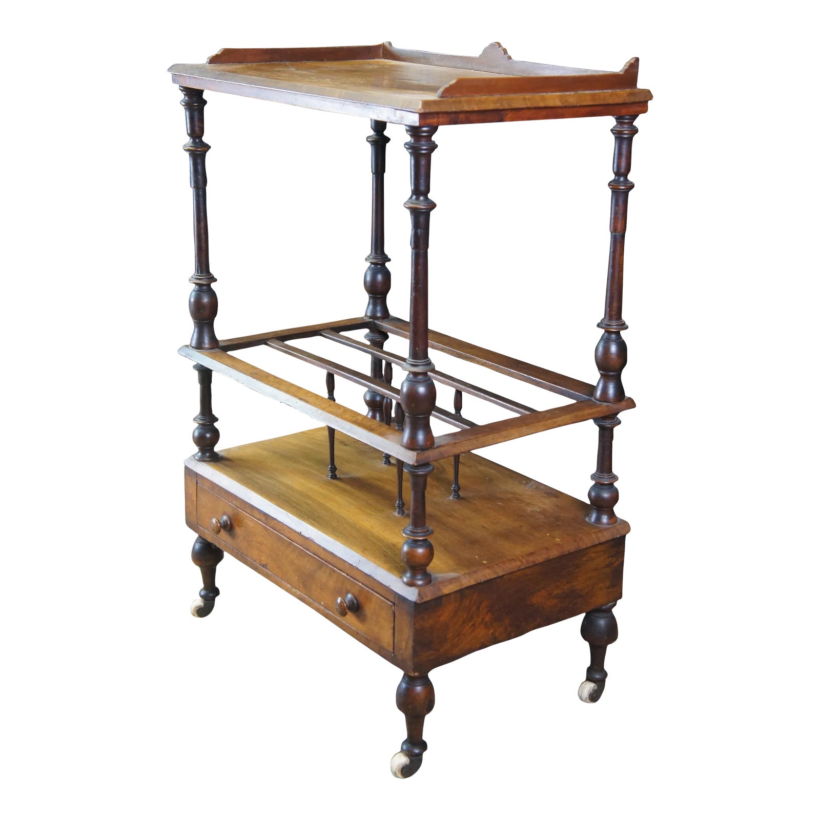Early 20th Century Antique Victorian Walnut Canterbury Whatnot Bar Cart ...