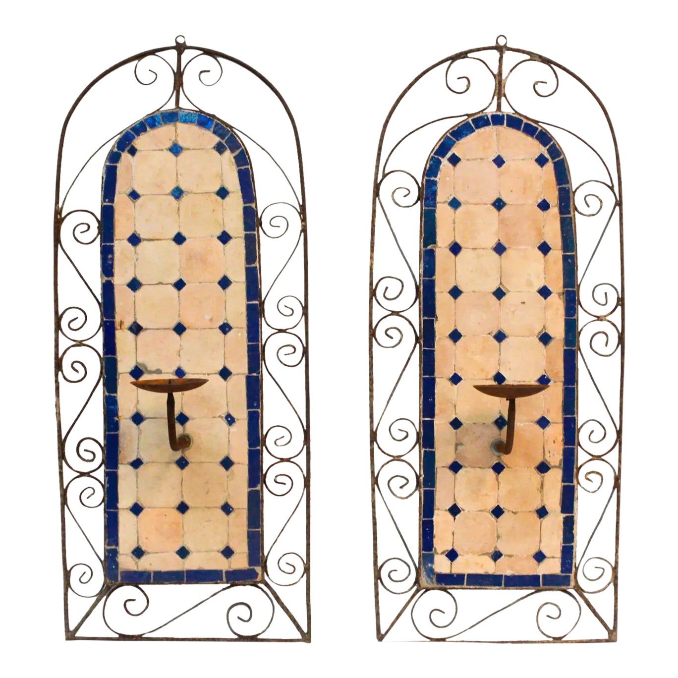 Terracotta Tile Wall Sconce With Candle Cup Blue Accents | Chairish