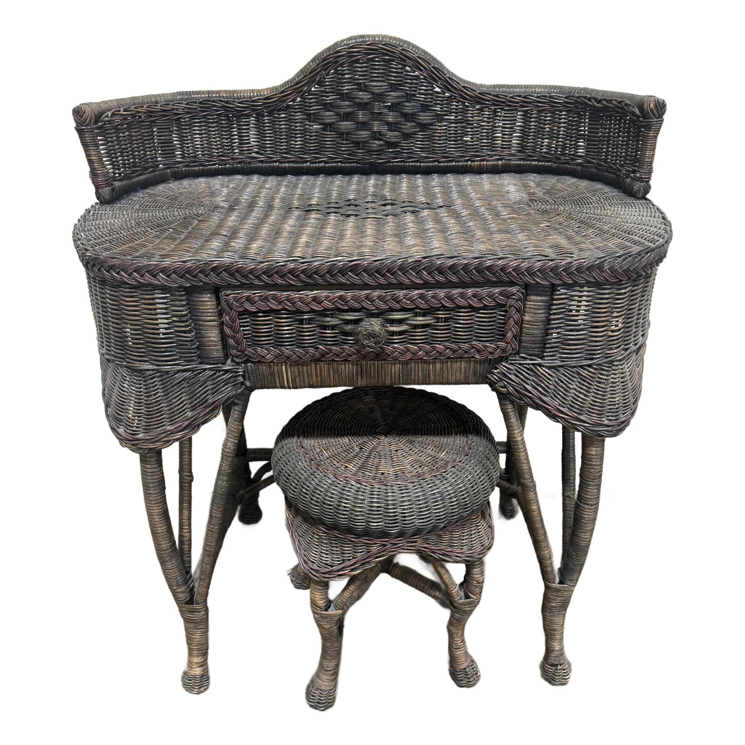 Boho Vintage Wicker Vanity Desk & Stool | Chairish