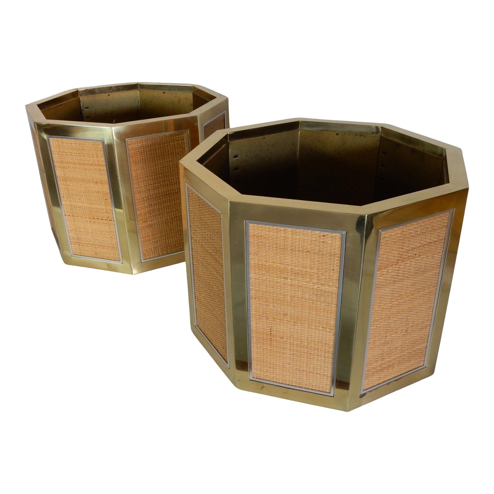1970's Romeo Rega for Mario Sabot Brass & Cane Wicker Octagon Planter ...