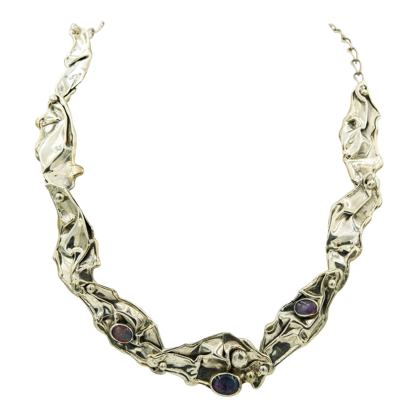 Modernist Stylized Melting Sterling Silver Opal Necklace | Chairish