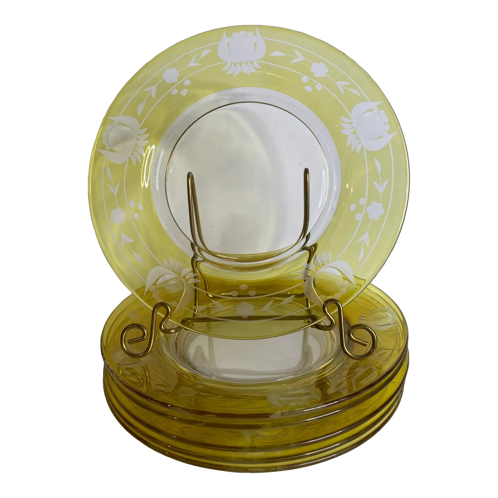 Set of 6 Yellow Over Clear Bohemian Glass Plates | Chairish