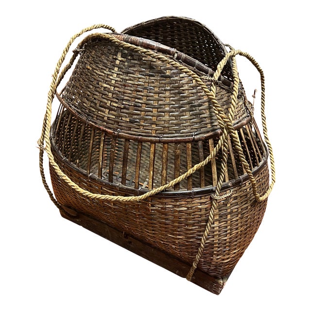 20th Century Rustic Asian Antique Bamboo Wicker Fish Basket | Chairish
