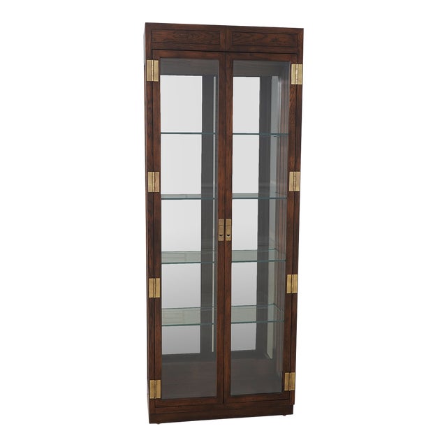 Henredon Campaign Style Lighted Curio Display Cabinet | Chairish