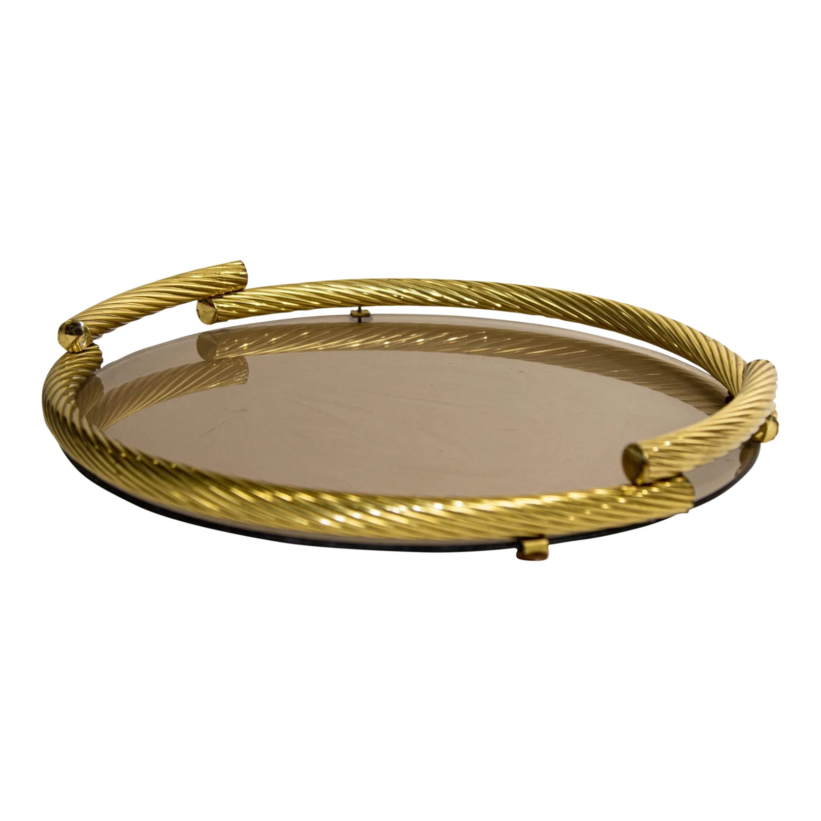 Dimart Brass Italian Round Tray With Smoked Glass 1980s | Chairish