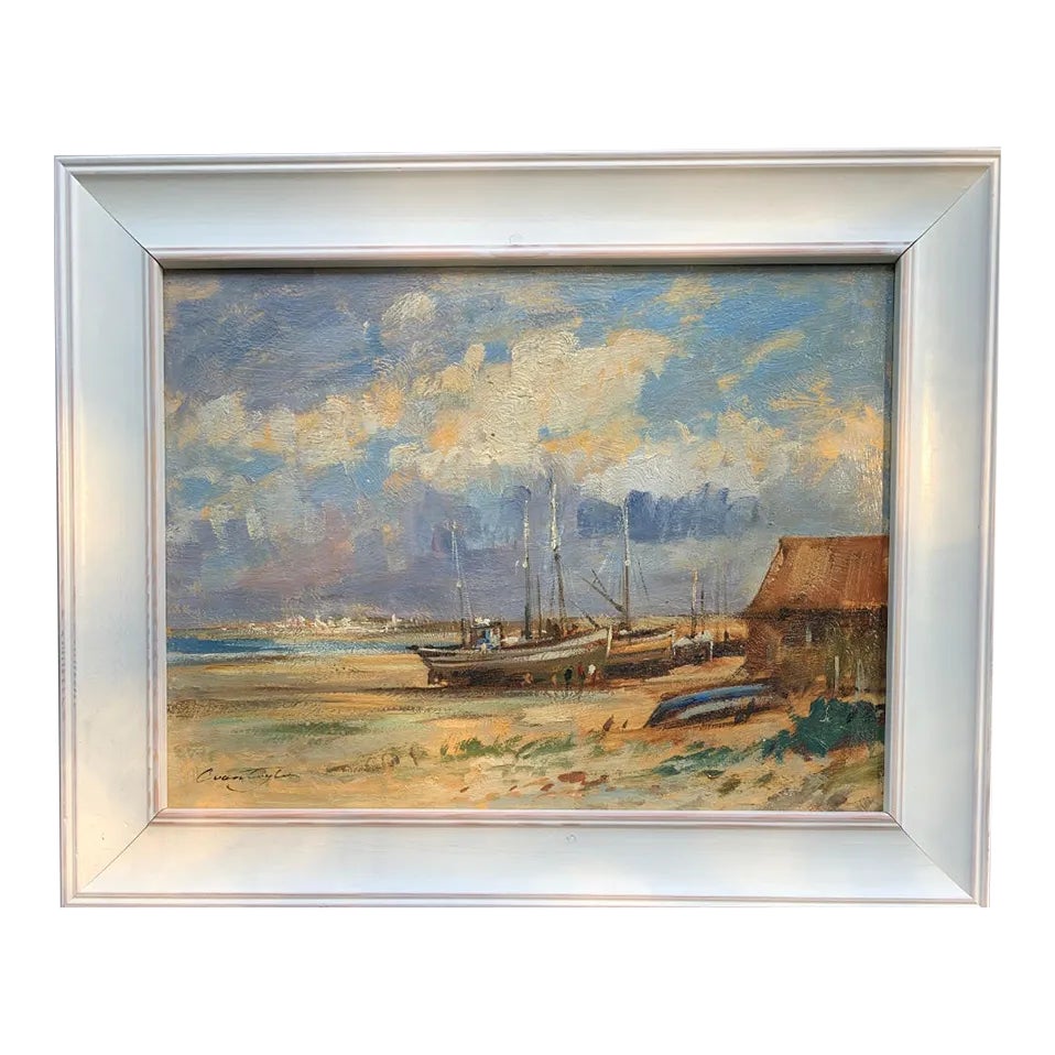 English Impressionist Beach, Shore Scene With Fishing Boats, Huts and ...